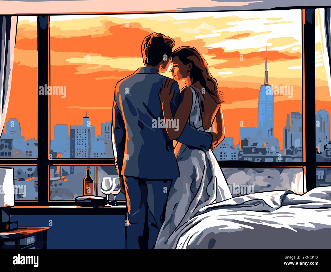A Couple Hugging In Bed, In The Style Of Realistic Cityscapes, Vintage ...