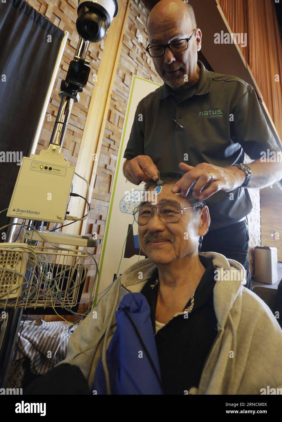 A resident receives an electroencephalogram (EEG) test to learn about ...