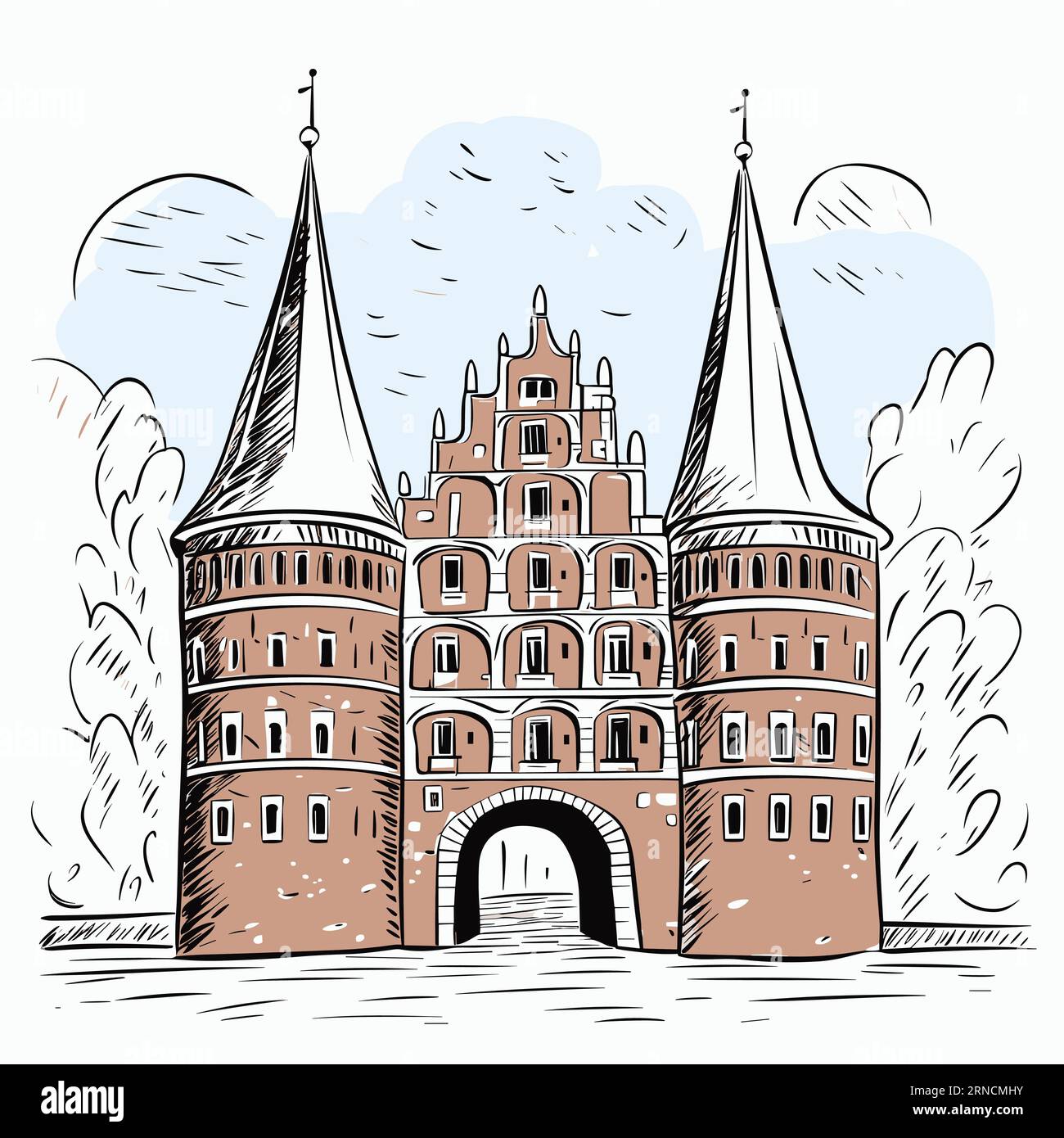 An Image Of A Building With Two Towers Of Medieval Towers Vector Design ...