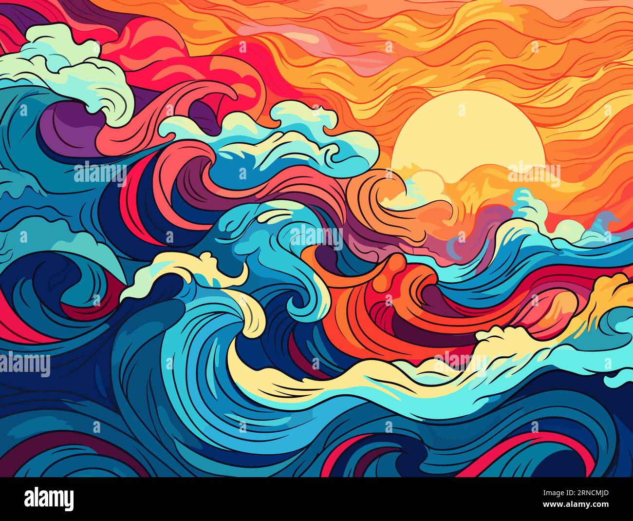 A Colorful Print Of Waves At Sunset, In The Style Of Colored Cartoon ...