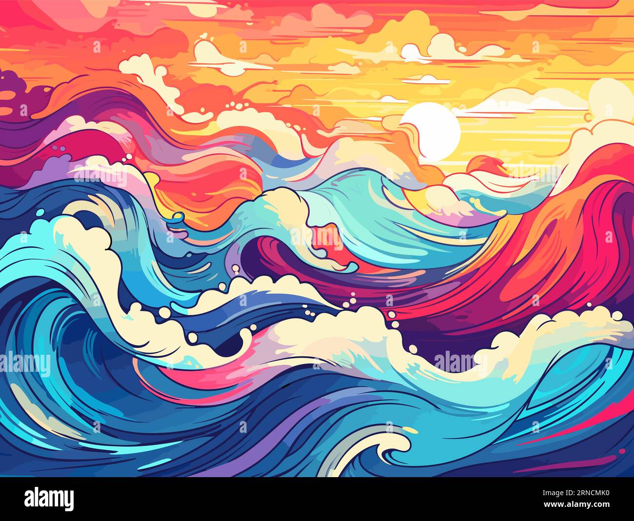 An Illustration Of A Colorful Wave At Sunset, In The Style Of Lively ...