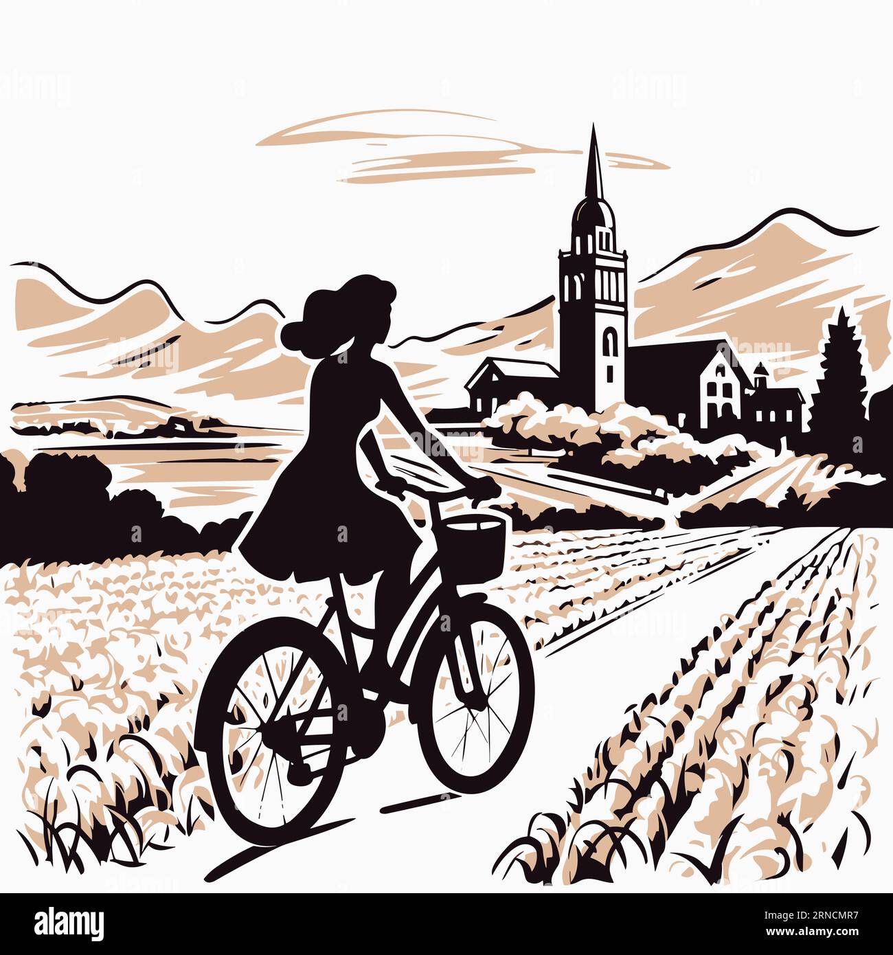 A Girl Is Riding Her Bicycle Through The Countryside, In The Style Of ...