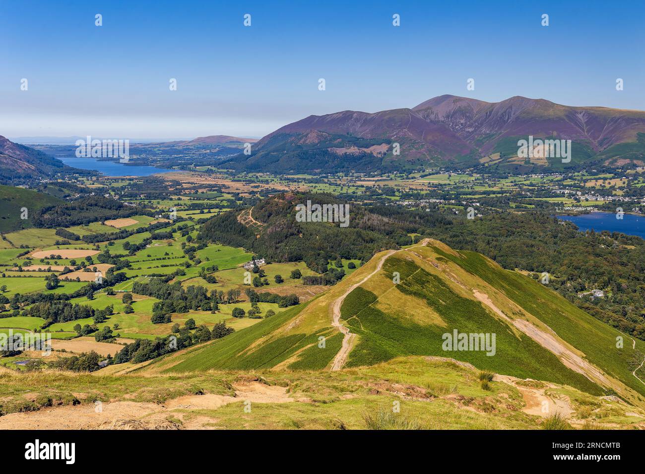 Rural farmland and lakes from Catbells in the English Lake District ...