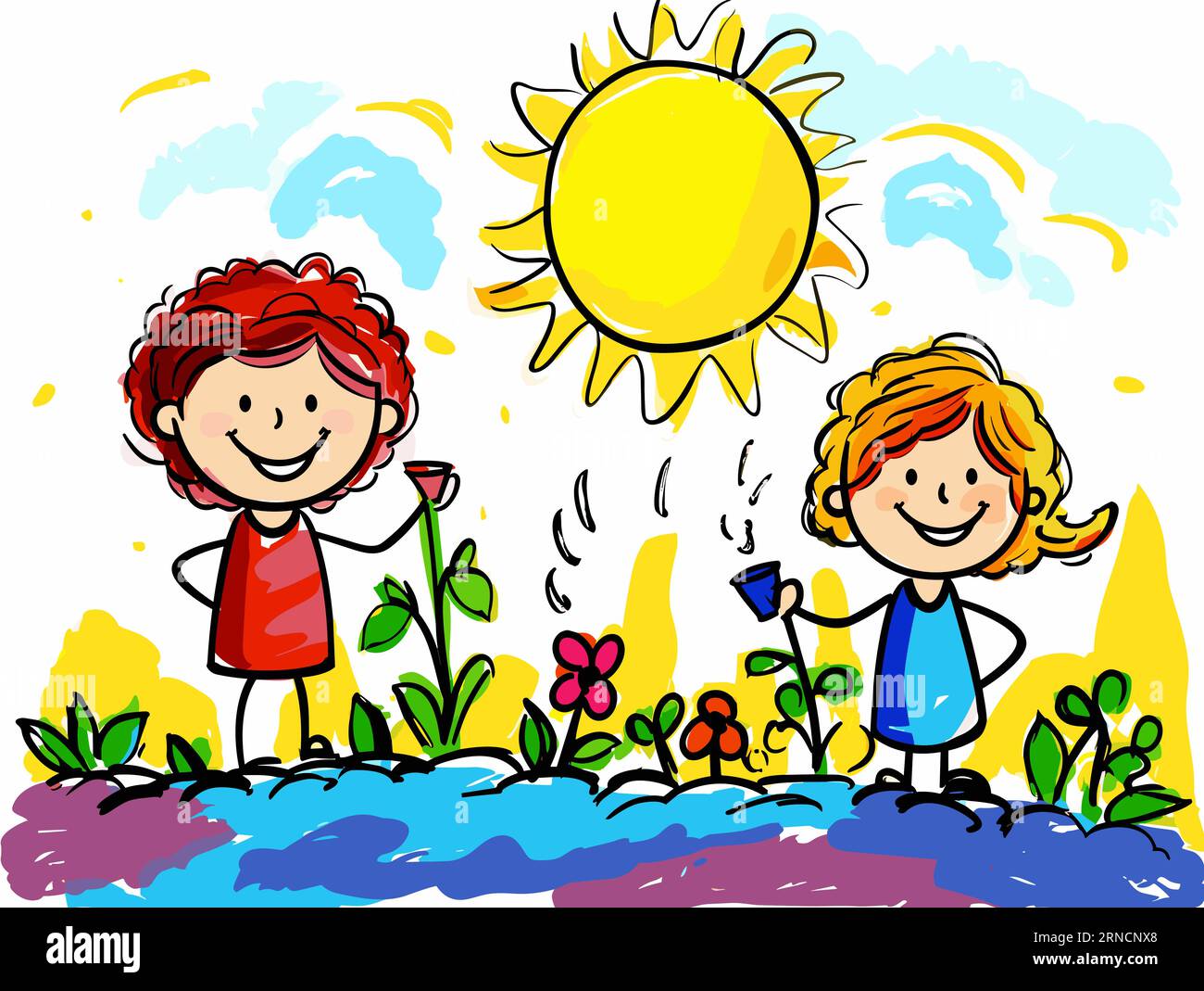Cartoon Couple Of Kids With Sun And Flowers, In The Style Of Sensory ...