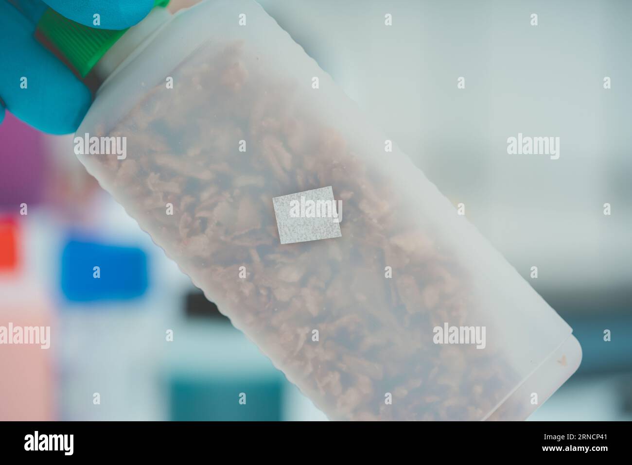 plastic jars of freeze-dried food in a food quality control laboratory ...