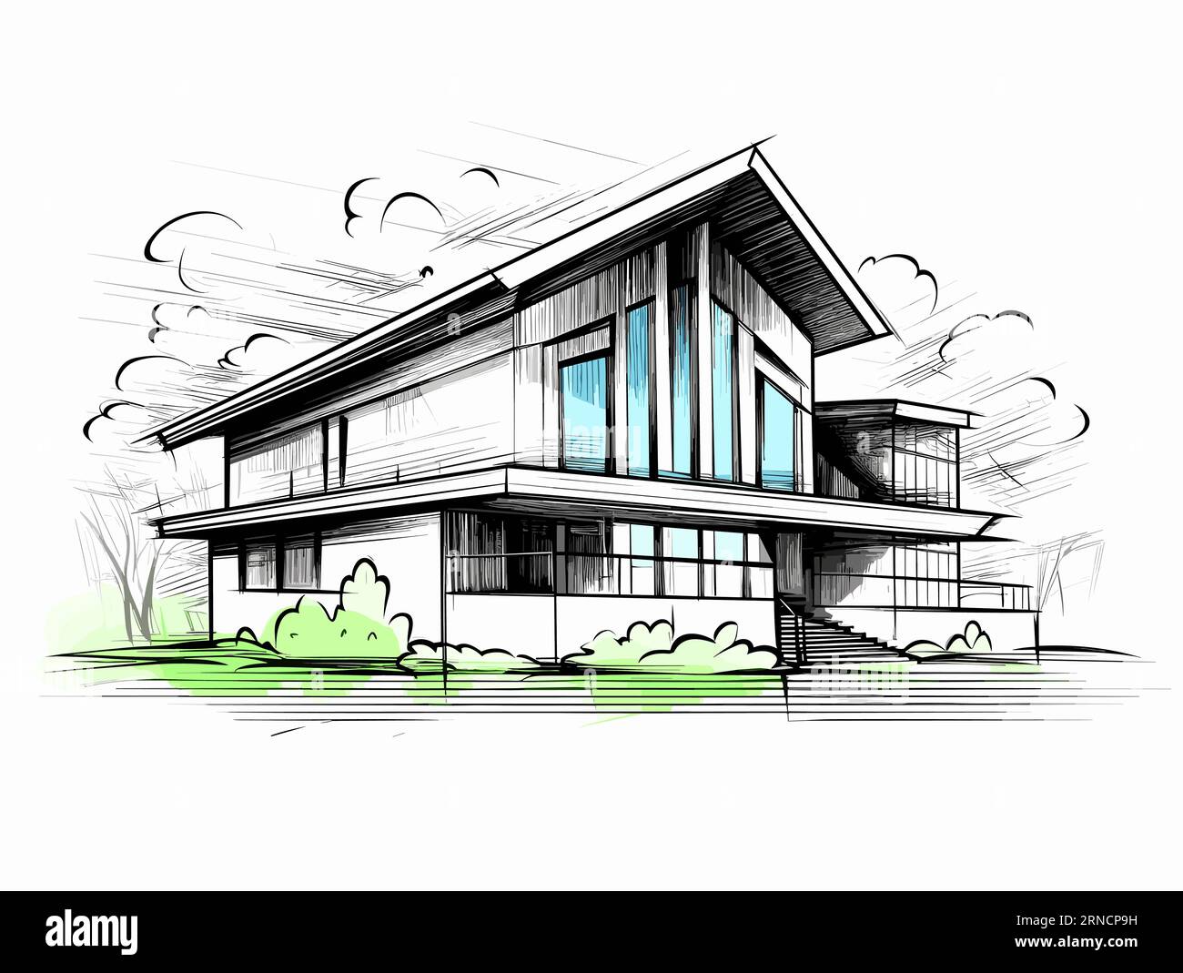 Hand Drawn Seamless Sketch Of Modern House In Sketch Vector, In The ...