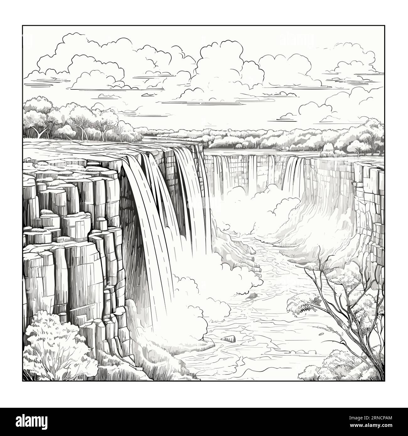 Drawing Of The Falls And Water From A Picture, In The Style Of Clean ...