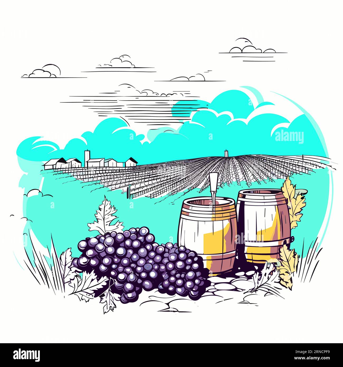 Wine Field With Grapes And Barrel, In The Style Of Crisp Illustrations, Cyan And Beige, Coastal ...