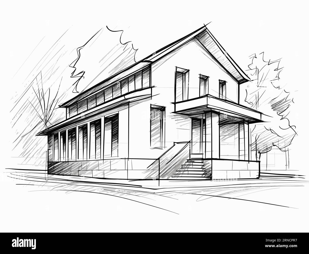 A Detailed Sketch Of A House With A Lot Of Windows, In The Style Of ...