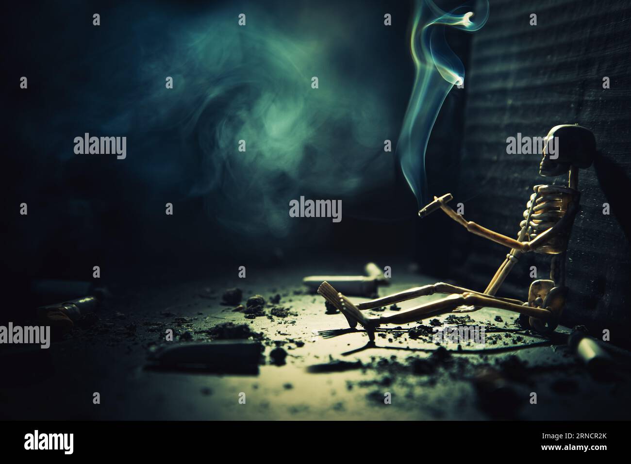 Human skeleton sits with a cigarette in a dark smoky room. Anti-tobacco ...