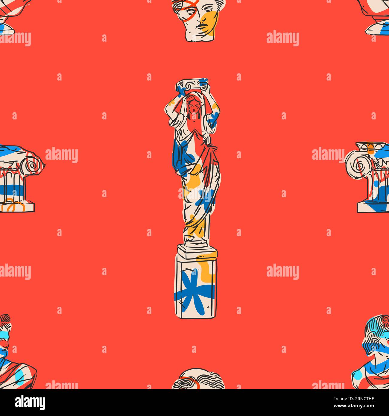 Hand drawn vector abstract graphic, greek ancient sculpture statues and ...