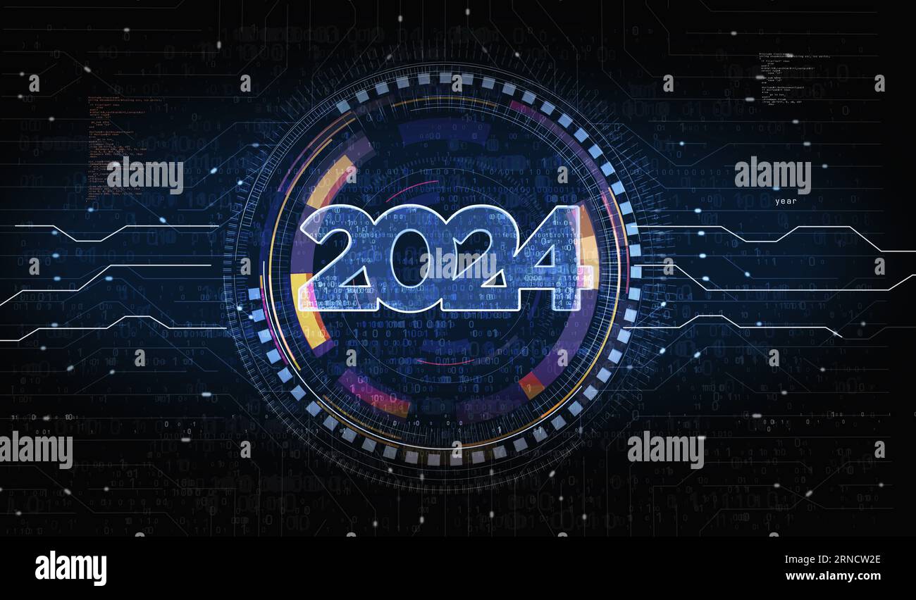 2024 year futuristic new neon symbol digital concept. Network, cyber ...