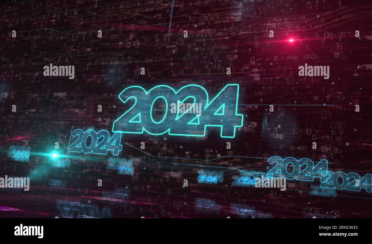 2024 year futuristic new neon symbol digital concept. Network, cyber ...