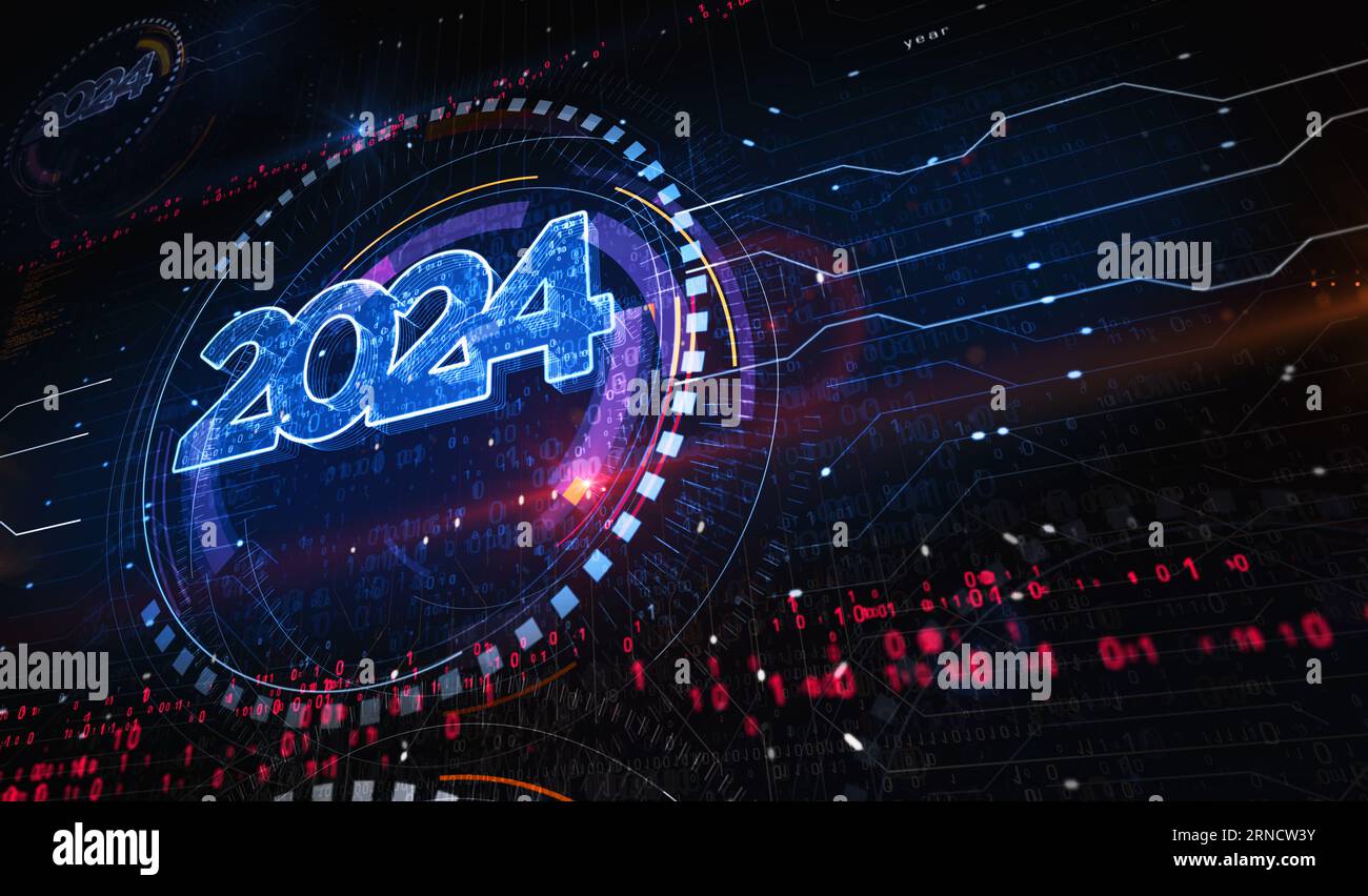 2024 year futuristic new neon symbol digital concept. Network, cyber ...