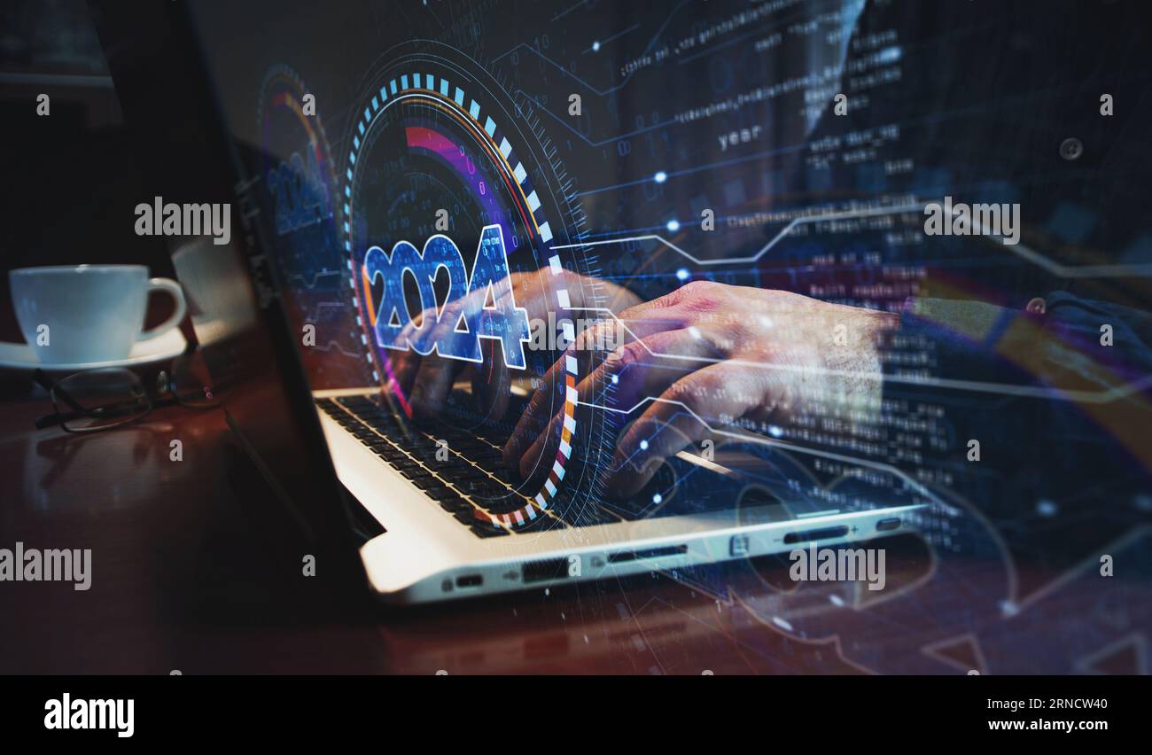 2024 year futuristic new neon symbol and man typing computer keyboard ...