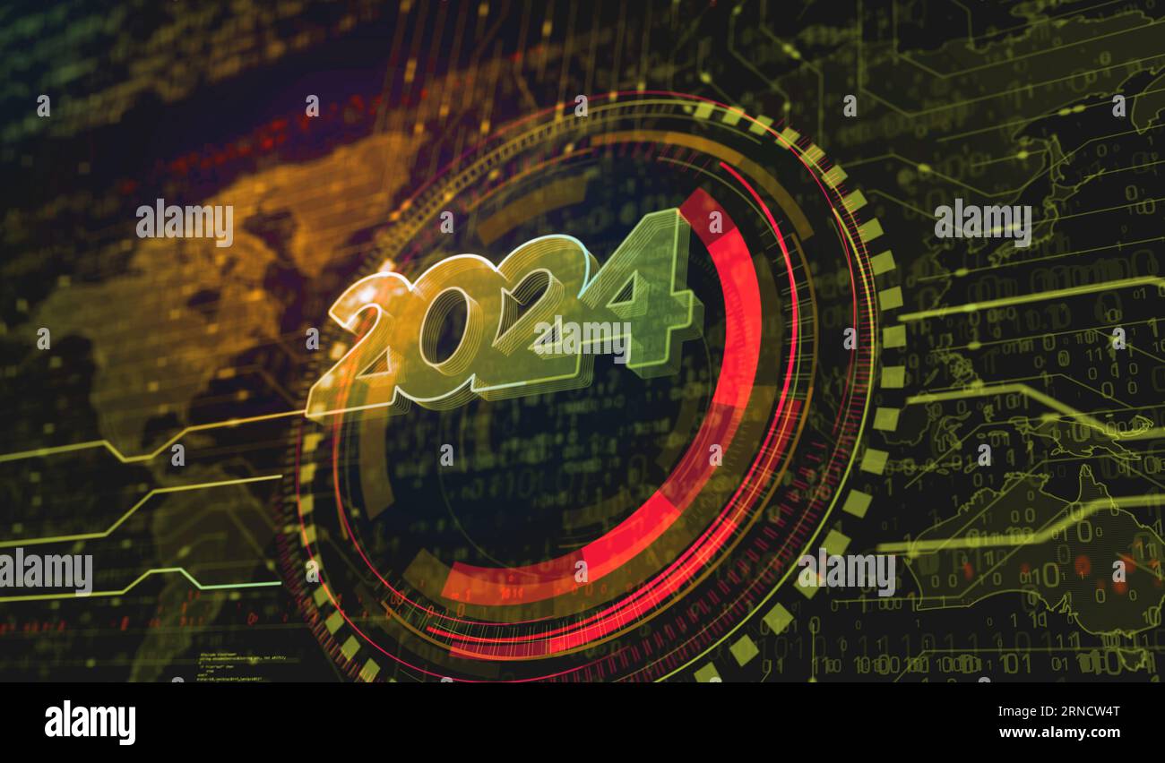 2024 year futuristic new neon symbol digital concept. Network, cyber ...