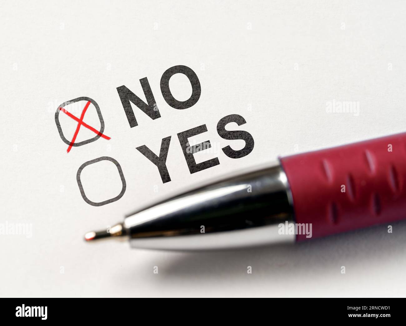 Check boxes yes or no on white paper. checkbox NO. marked with cross ...