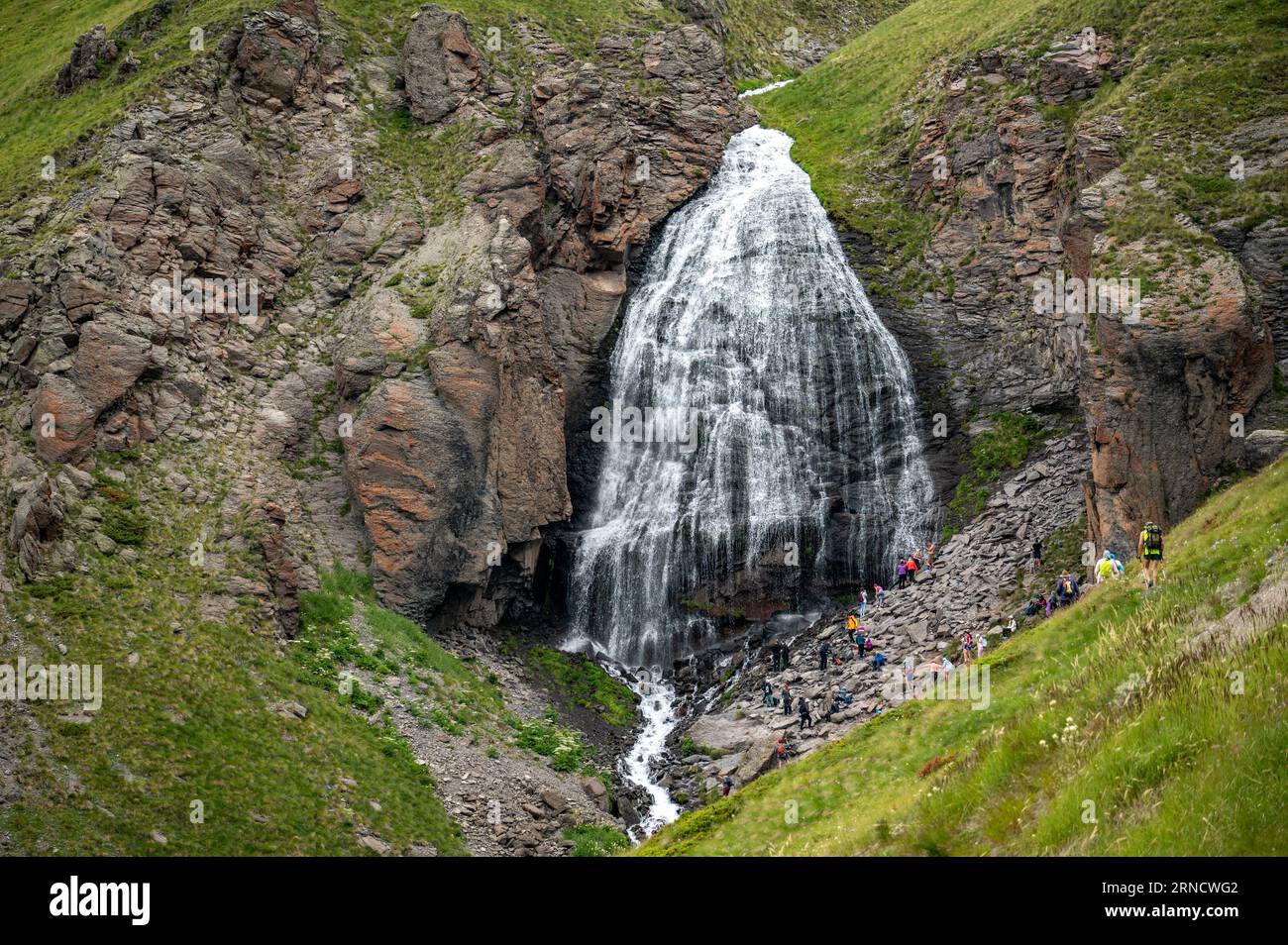 Mountain landscape with a waterfall. natural background, trekking ...