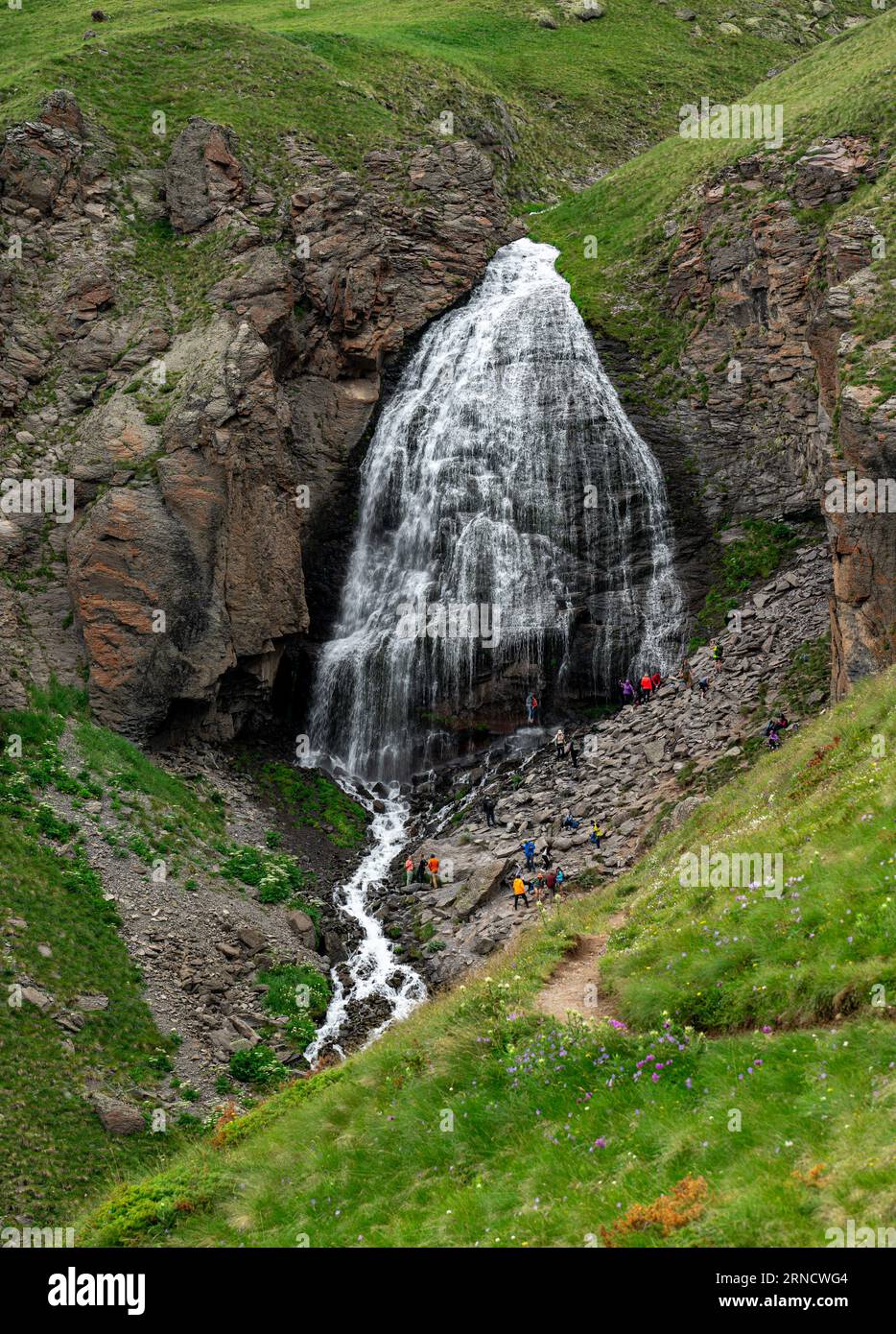 Mountain landscape with a waterfall. natural background, trekking ...