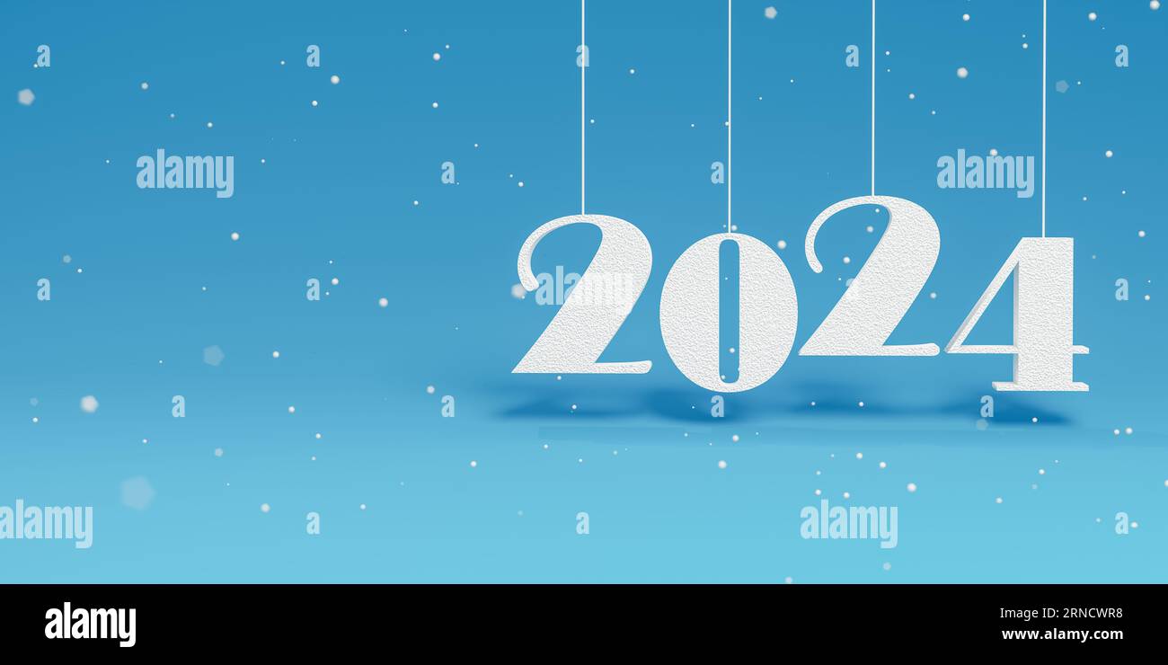 2024 happy new year. 2024 numbers and snow on blue background. White 3d ...