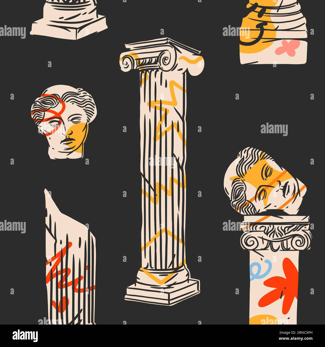Hand drawn vector abstract graphic, greek ancient sculpture statues and ...