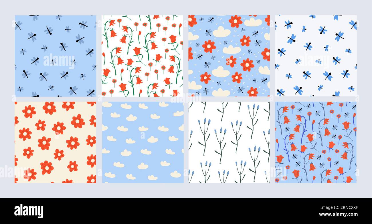 Vector set of simple spring patterns with dragonflies, red flowers, clouds, sky on white and ...