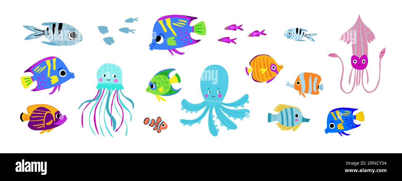 Mega collection of underwater fish and animals. Colorful fish, octopus ...