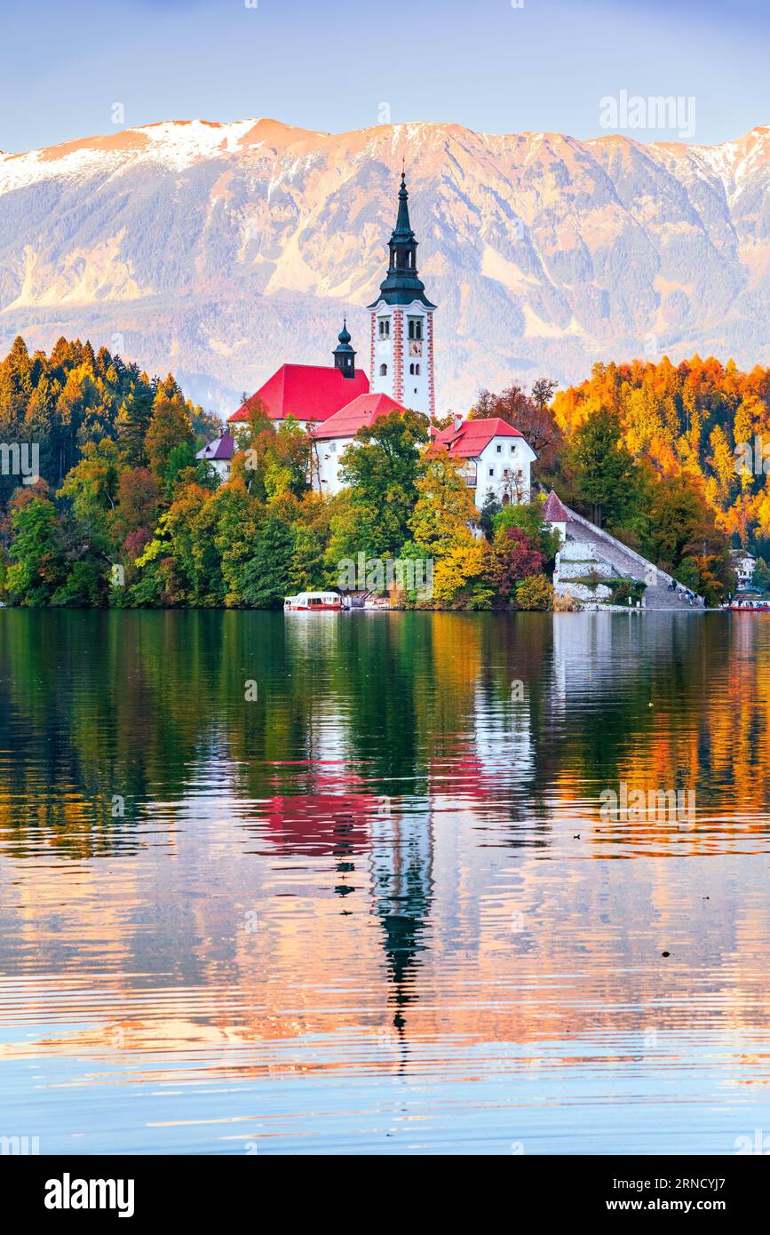 Bled, Slovenia. Beautiful sunset at Lake Bled with Julian Alps mountain ...