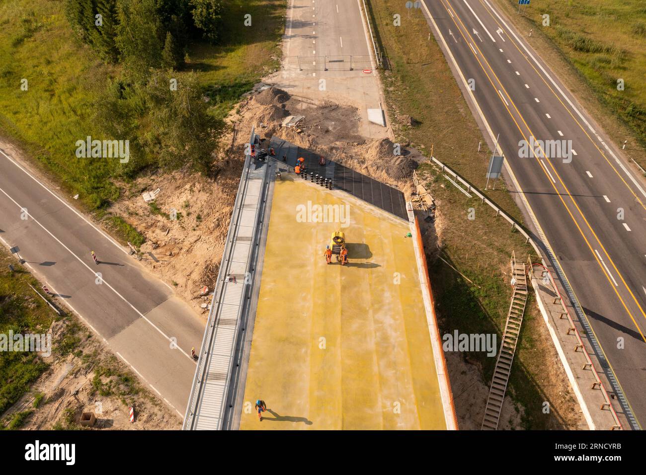 Drone photography of highway bridge being repaired during summer day ...
