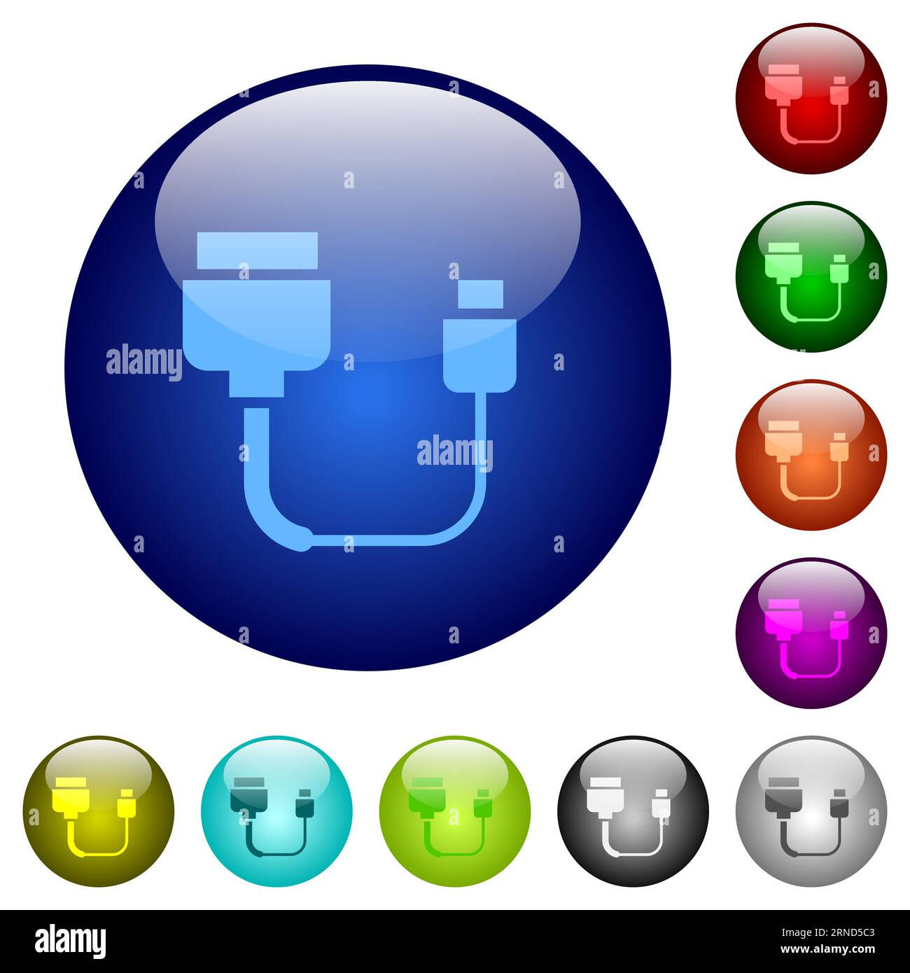 Computer data cable converter icons on round glass buttons in multiple colors. Arranged layer ...