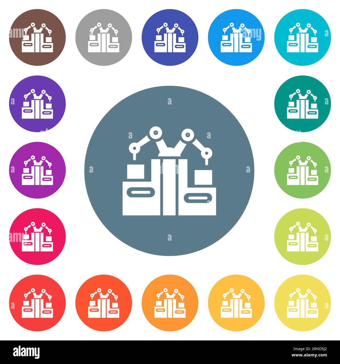 Factory production line flat white icons on round color backgrounds. 17 ...