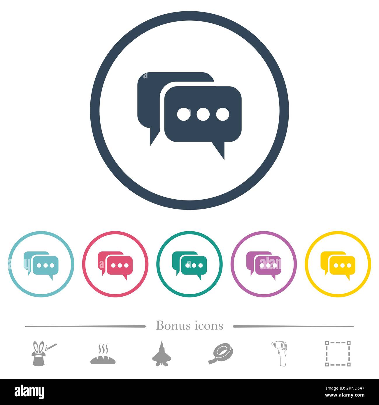 Two rounded square active chat bubbles solid flat color icons in round outlines. 6 bonus icons ...