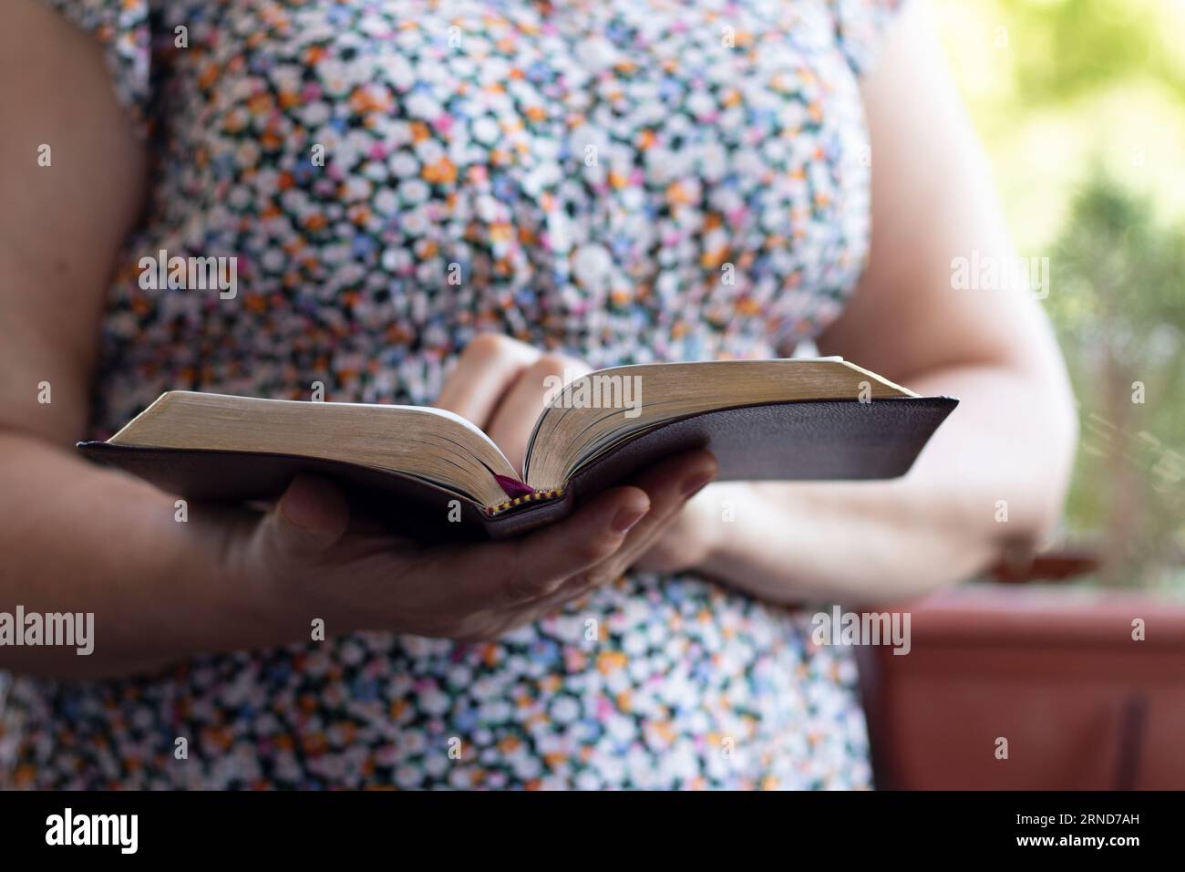 Christian woman reading holy bible outdoors. Close-up. Selective focus ...