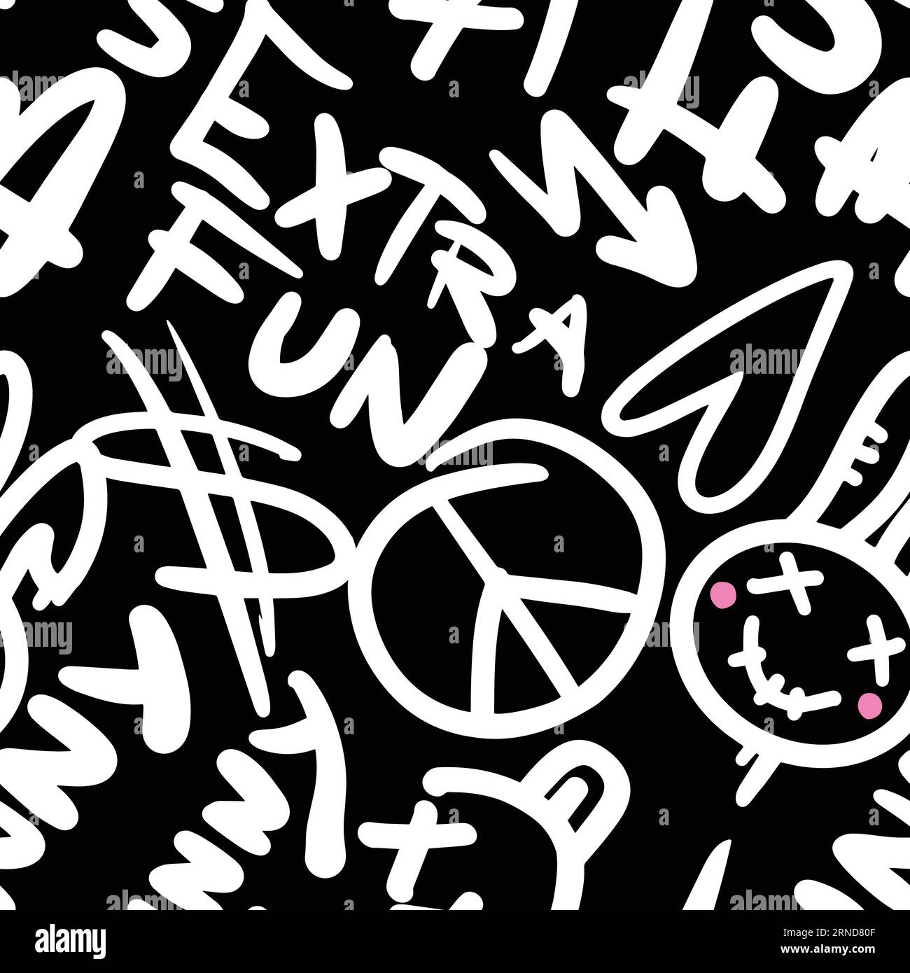 Graffiti Slogan Extra Fun, Funny Bunny Seamless Pattern in Black and ...