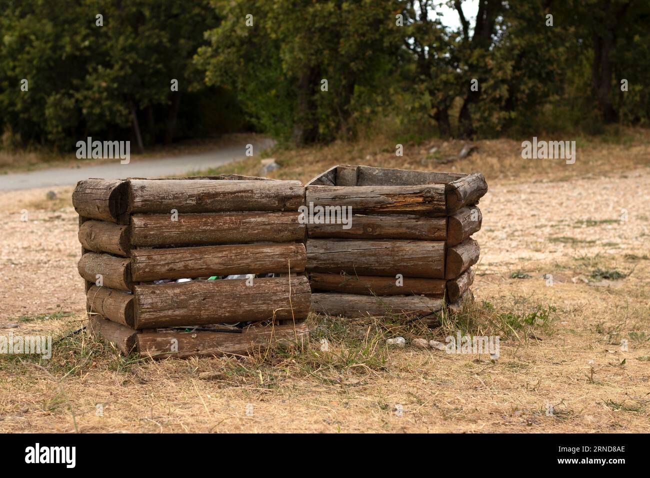Wooden eco-friendly trash bins in nature. Concept of ecology ...