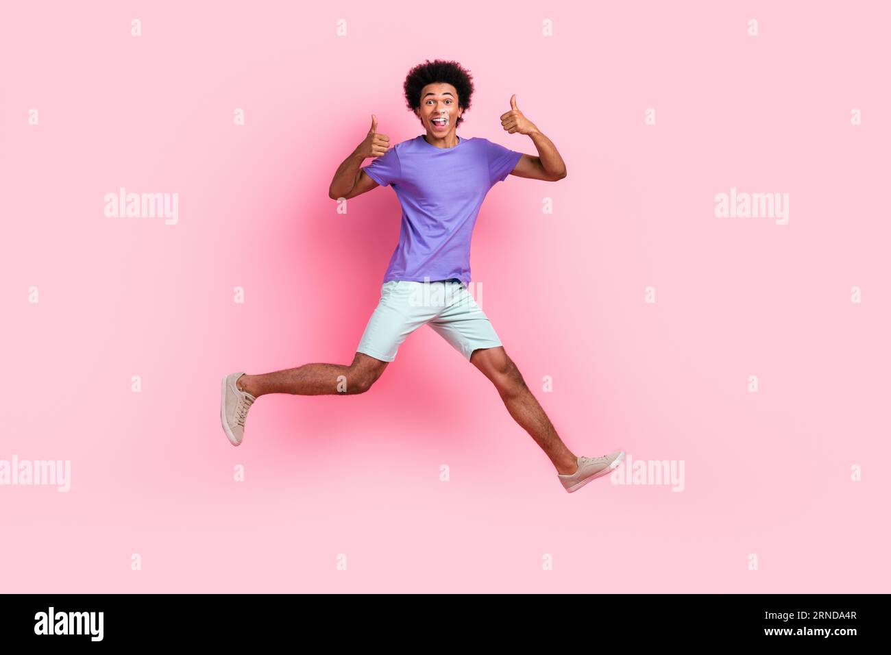 Full length photo of ecstatic overjoyed man dressed blue t-shirt run to ...
