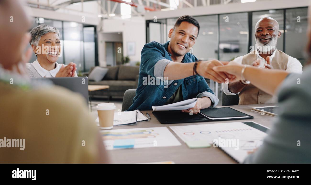 Business people, handshake and success in meeting, agreement and ...