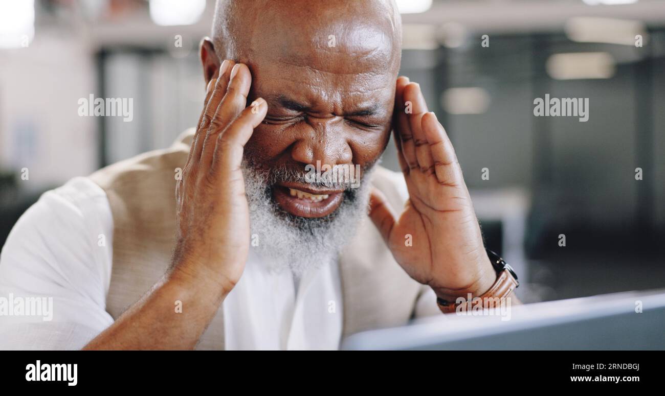 Headache, stress and senior business man in office with vertigo, pain ...