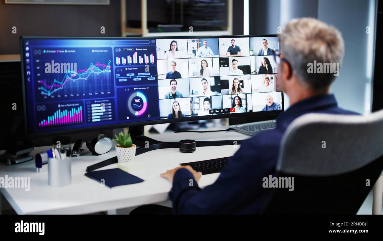 Online Video Conference Virtual Meeting On Multiple Screens Stock Photo ...