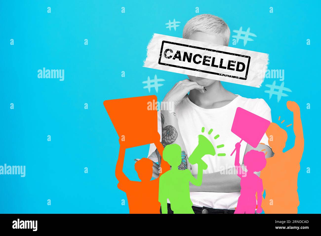 Ban, cancel and woman with censor on face for boycott, silence opinion ...