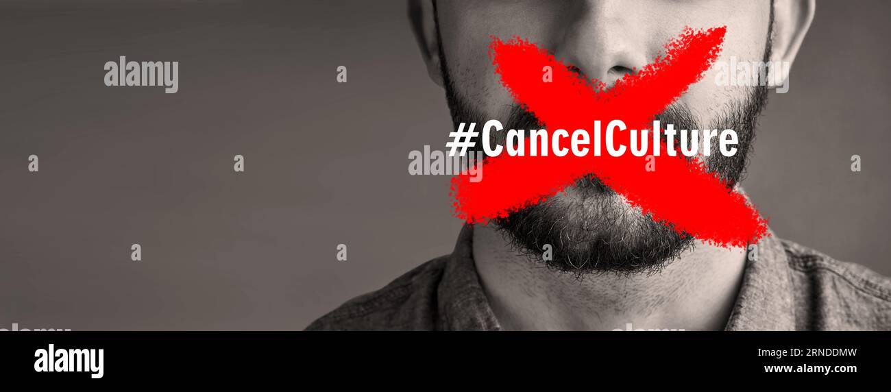 Cancel culture, man and protest sign on mouth with censorship for ...