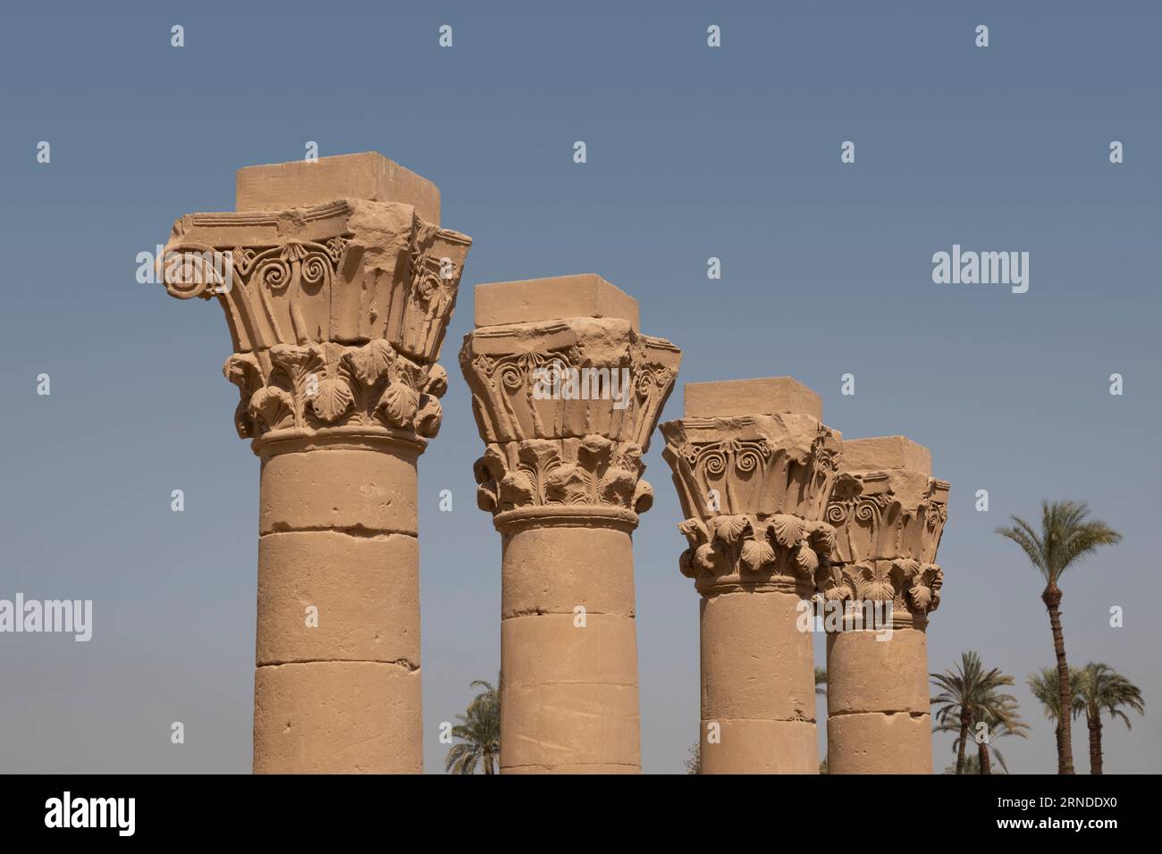 Decorated column capitals at the Temple of Hathor at Dendera, Nile ...