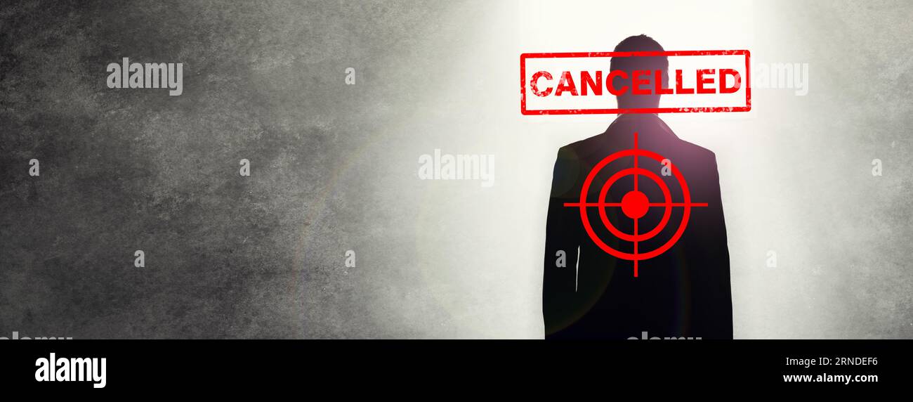 Cancel culture, overlay and target on silhouette of man for bias ...