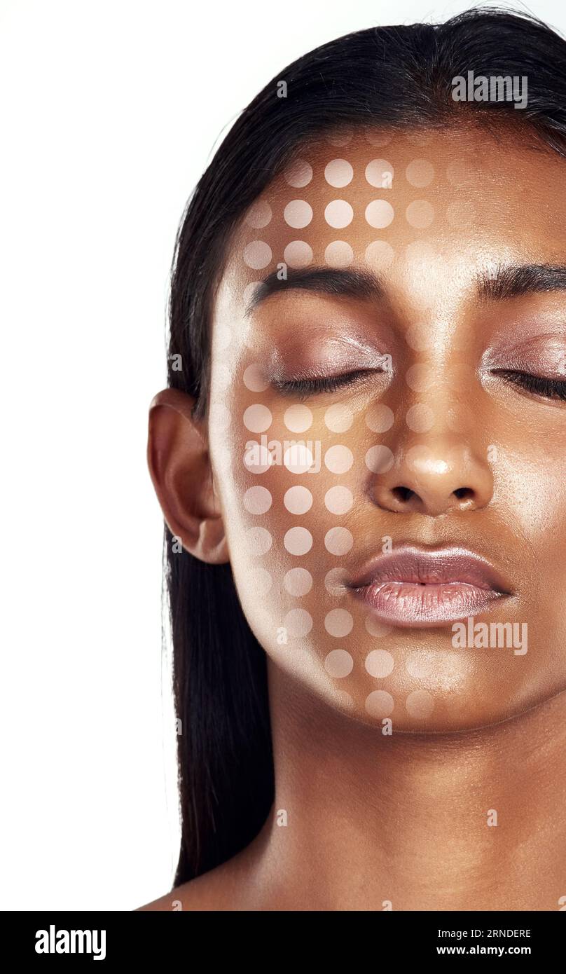 Beauty, 3D face scan and a woman in studio isolated on white background ...