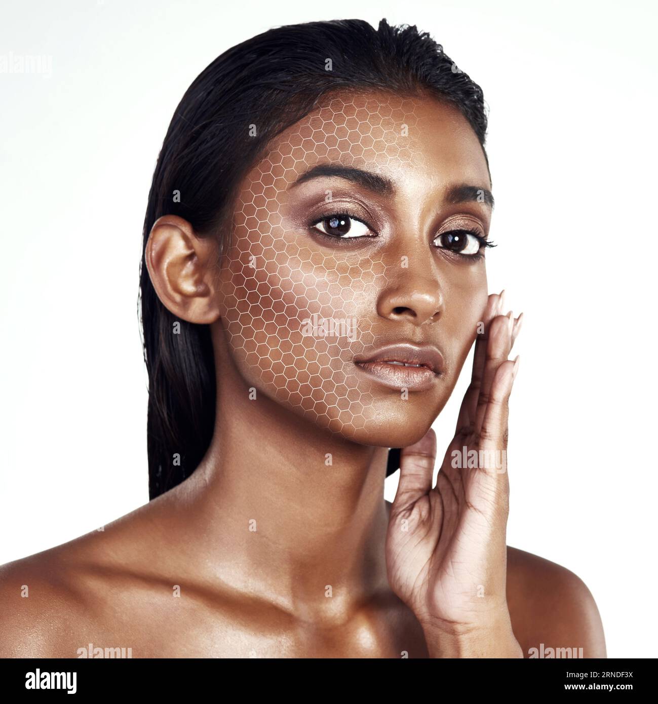 Woman, portrait and skincare with overlay on face in beauty ...