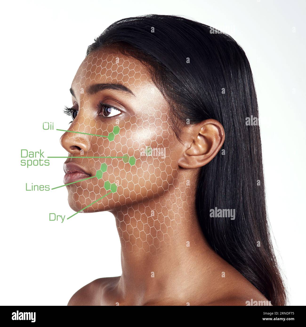 Skincare, science and face of woman in studio with skin cell, cosmetics ...