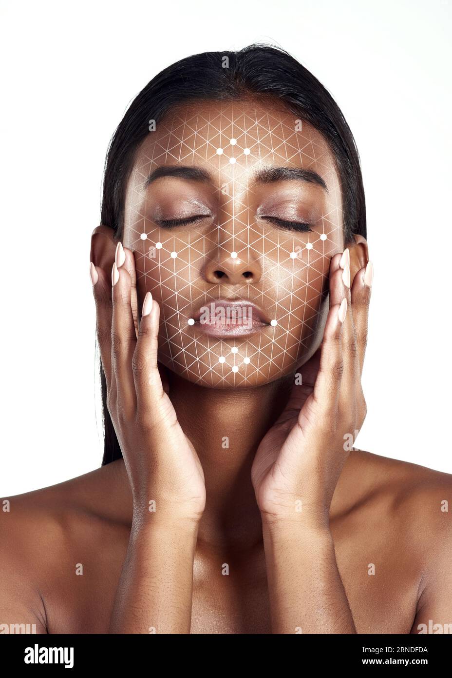 Beauty, technology and facial recognition for skincare with a woman in ...