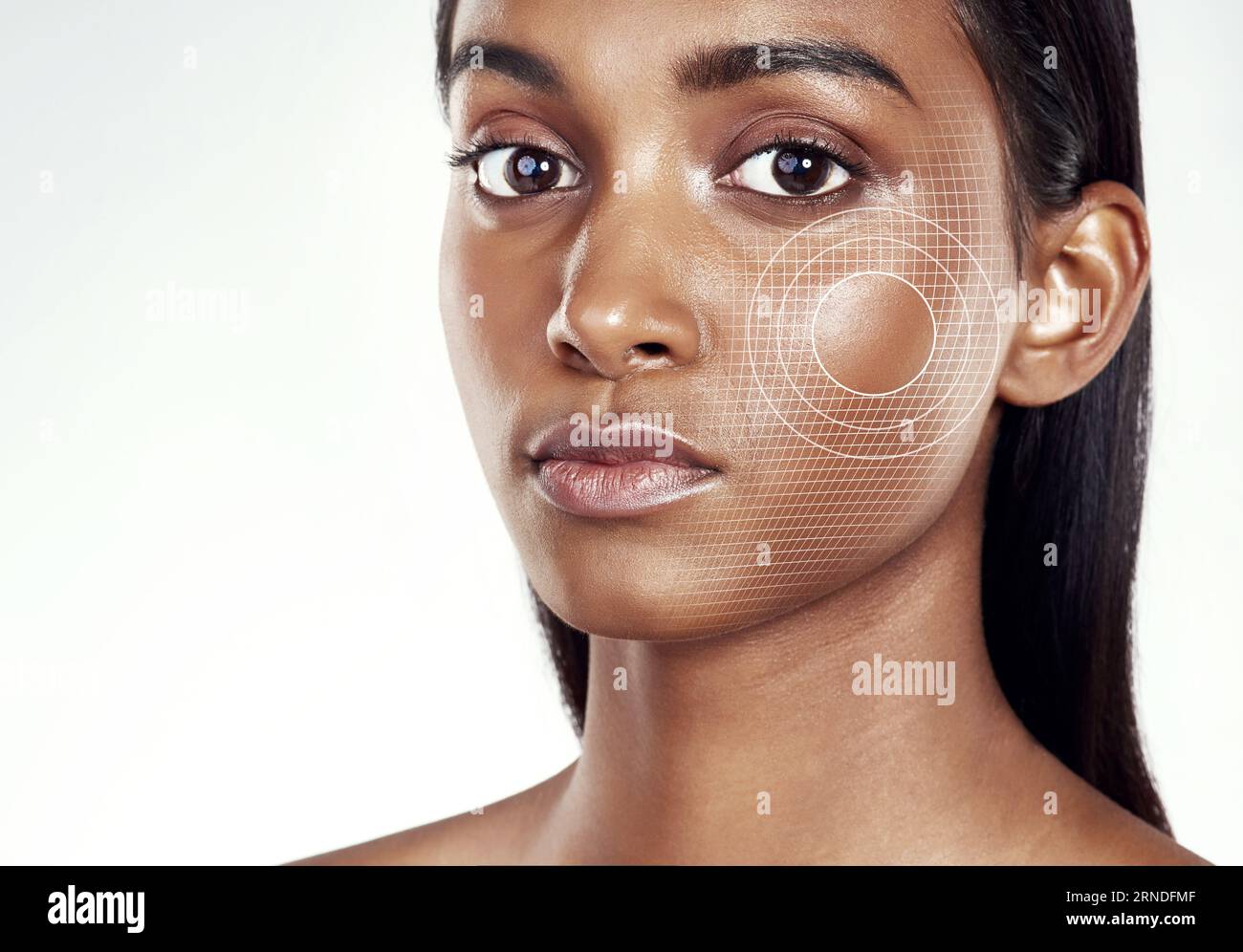 Portrait, target and facial recognition for skincare with a woman in ...