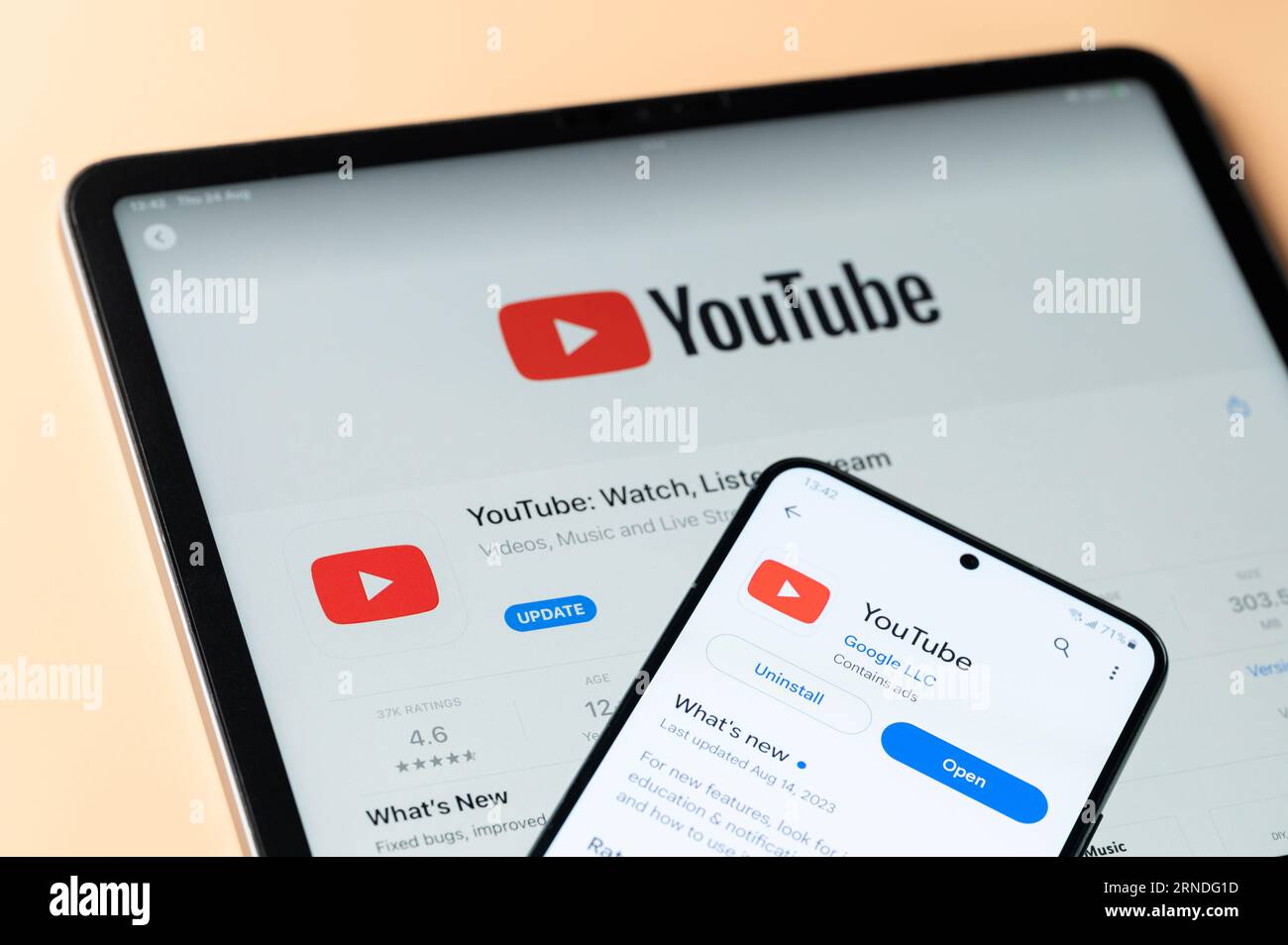 New York, USA - August 24, 2023: Youtube app on Ipados and google store ...