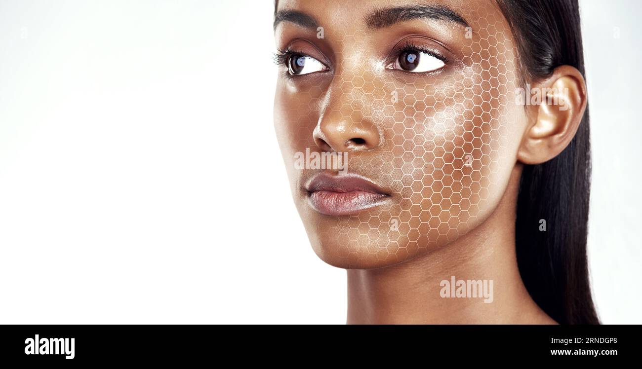 Beauty, mockup and facial recognition for skincare with a woman in ...